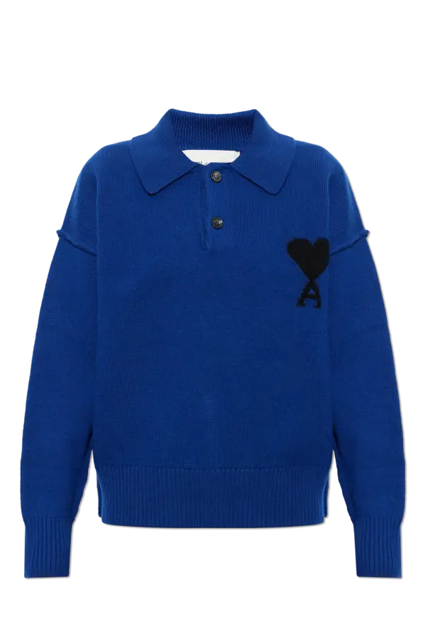 AMI Paris Wool Polo With Logo - Blue