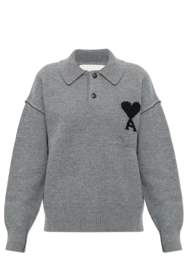 AMI Paris Wool Long-sleeve Polo - Grey