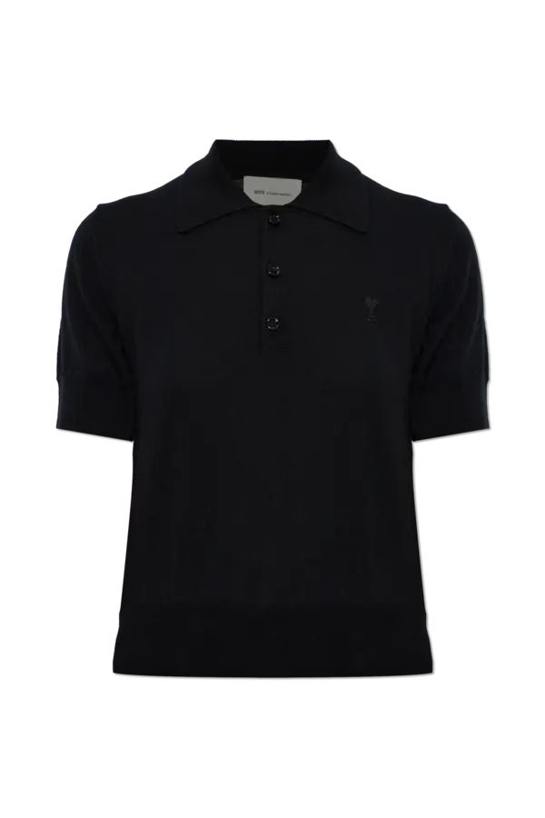 AMI Paris Wool Polo Shirt With Embroidered Logo - Black