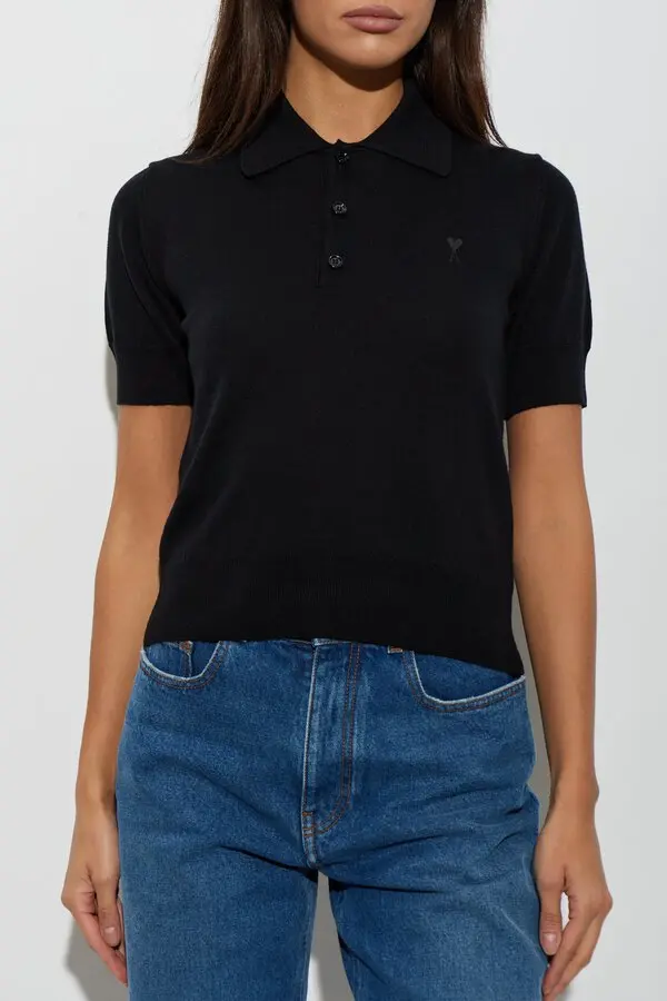 AMI Paris Wool Polo Shirt With Embroidered Logo