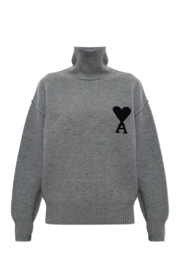 AMI Paris Wool Turtleneck With Logo - Grey