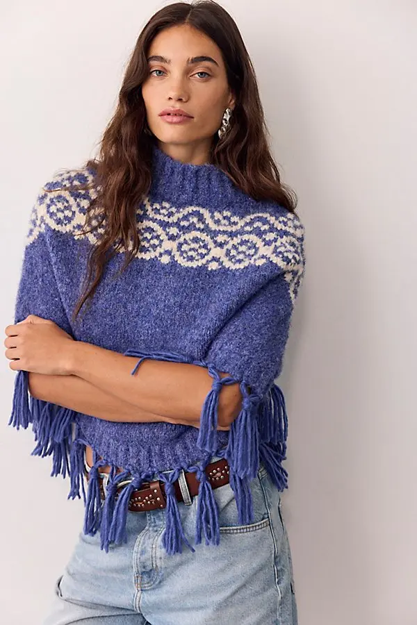 Free People Printed Poncho With Fringe Trim - Glacier