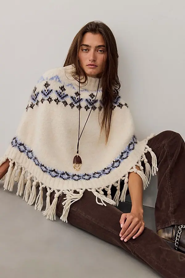 Free People Emma Printed Poncho - Ivory