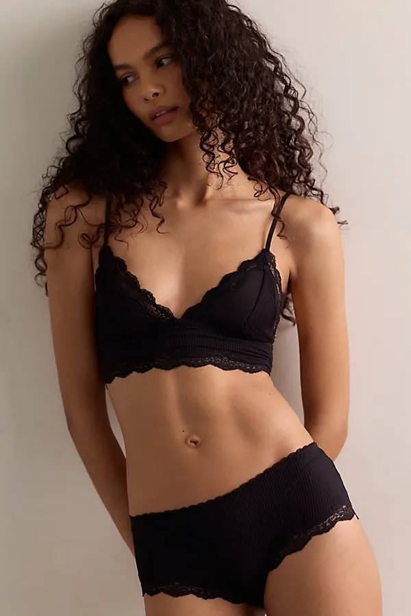 Free People Charlie Lace Microfiber Ribbed Boyshort Undies - Black