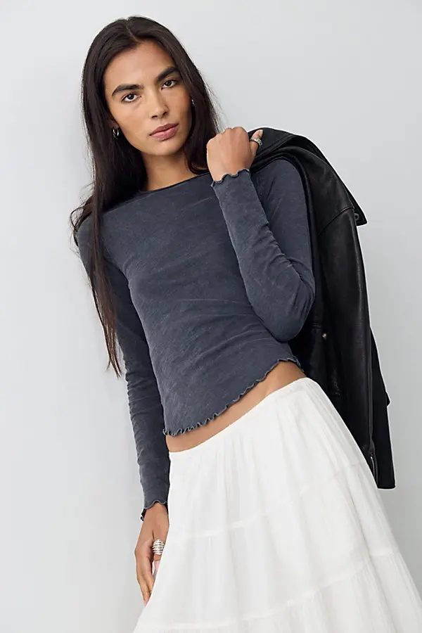 Free People We The Free Be My Baby Rework Top Long Sleeve Crewneck - Black