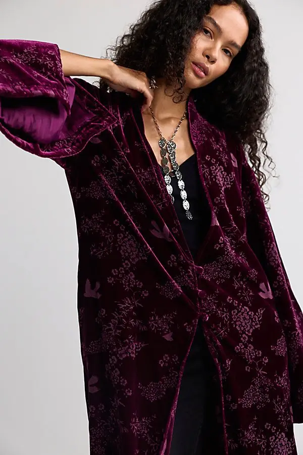 Free People Velvet Duster With Floral Embroidery - Fig Combo