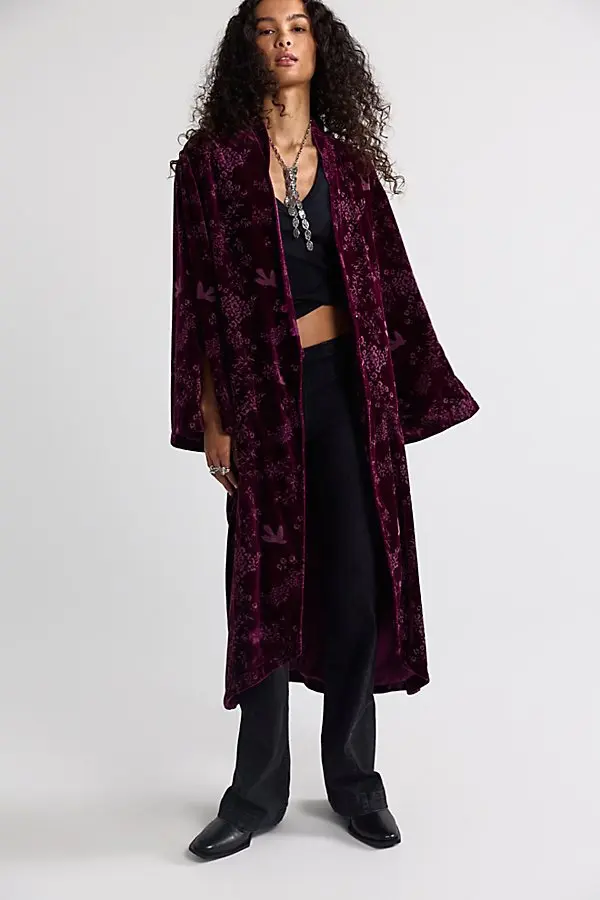 Free People Velvet Duster With Floral Embroidery