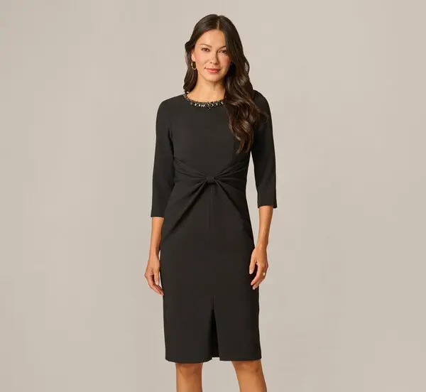 Adrianna Papell Three Quarter Sleeve Beaded Collar Sheath Dress - Black