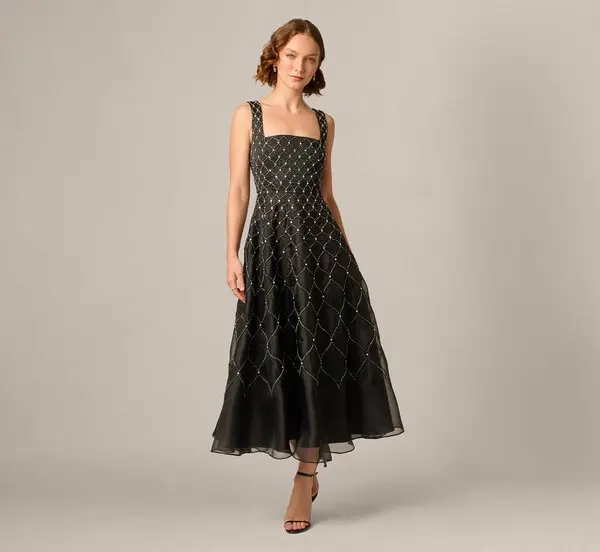 Aidan Mattox Square Neck Lattice Beaded Ankle Length Dress