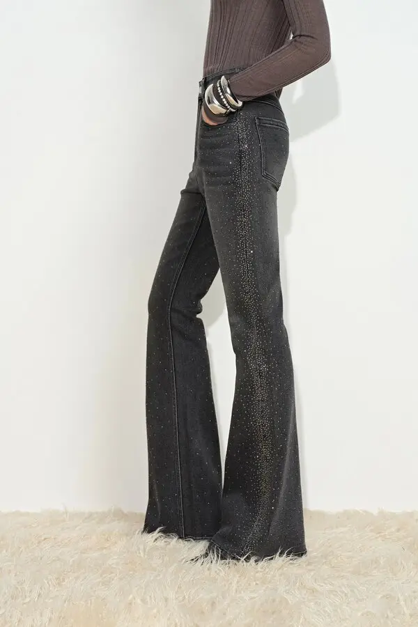 Fabrique Una Crystal Embellished Gradient Flared Jeans In Stretch Denim - Grey