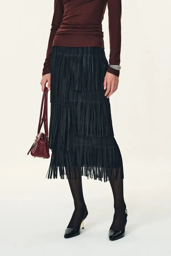 Fabrique Hilda Ruched Asymmetric Fringe Skirt