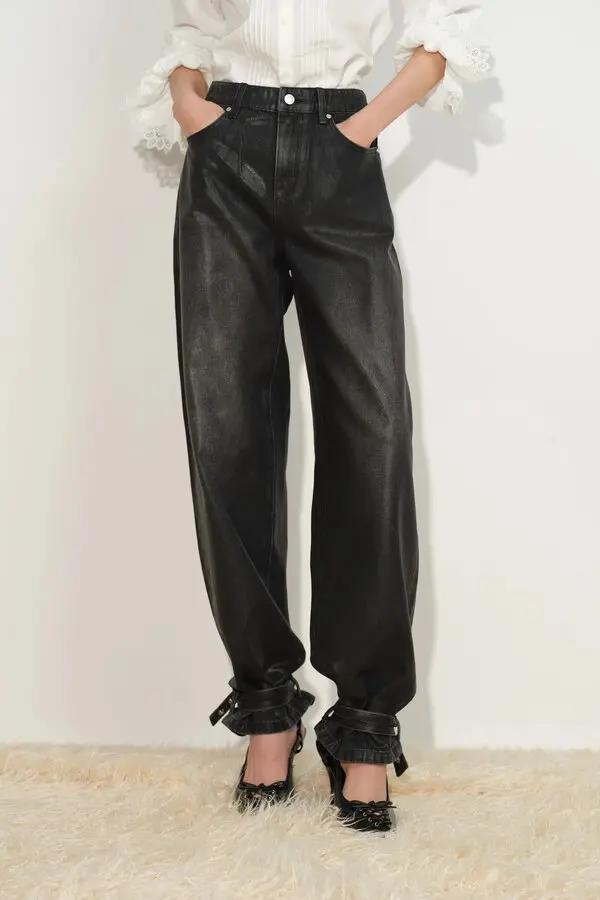 Fabrique Lila Cinch Hem Barrel Leg Jeans In Wax Coated Denim