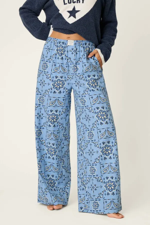 PJ Salvage Super-soft Cotton Classic Paisley Bandana Print Flannel Pajama Pants - Soft Chambray