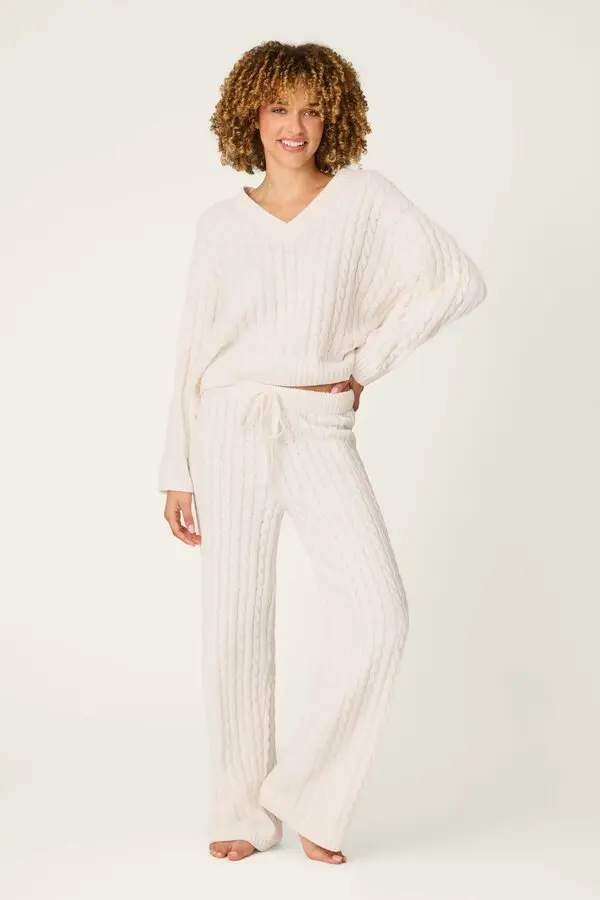 PJ Salvage Cozy Chenille Cable Knit V-neck Lounge Pajama Set - Ivory