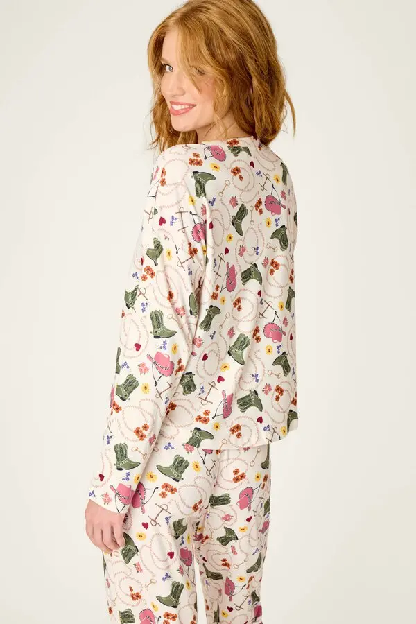 PJ Salvage Saddle Up Western Print Long Sleeve V-neck Top