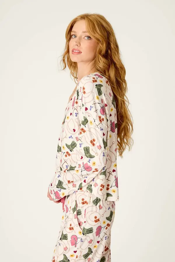 PJ Salvage Saddle Up Western Print Long Sleeve V-neck Top