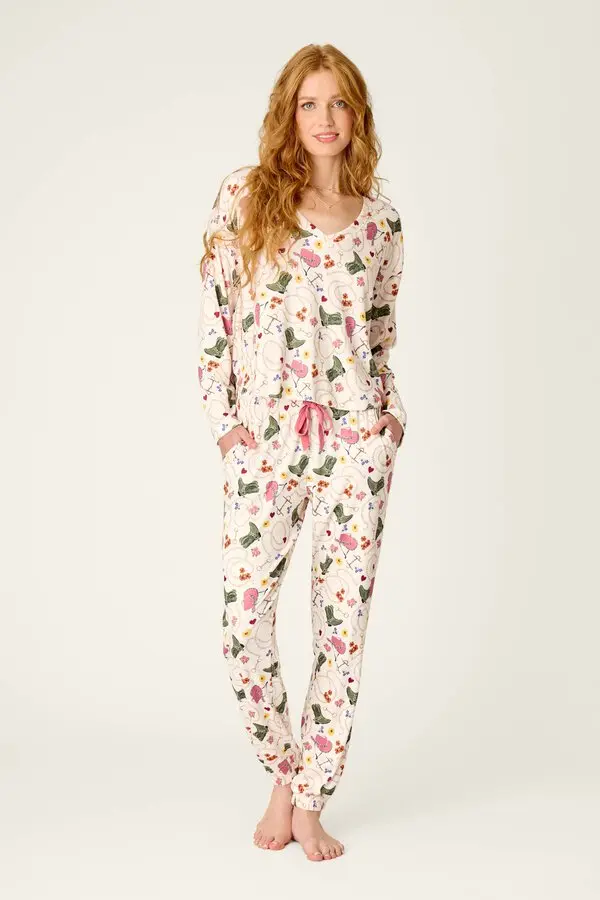 PJ Salvage Saddle Up Western Print Long Sleeve V-neck Top