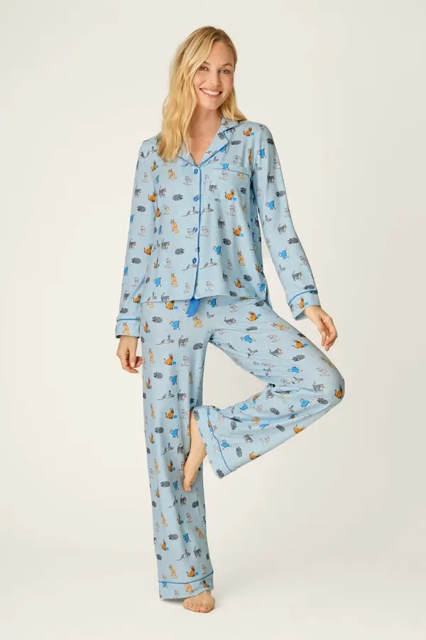 PJ Salvage Hanukkatz Paws For Celebration Cat Print Pajama Set - Blue Ice