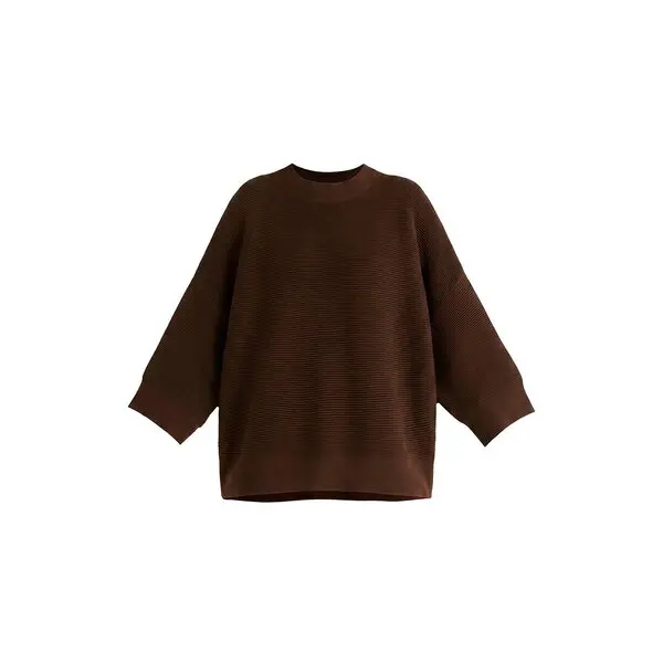 PAISIE Mock Neck Cropped Sleeve Ribbed Jumper - Brown