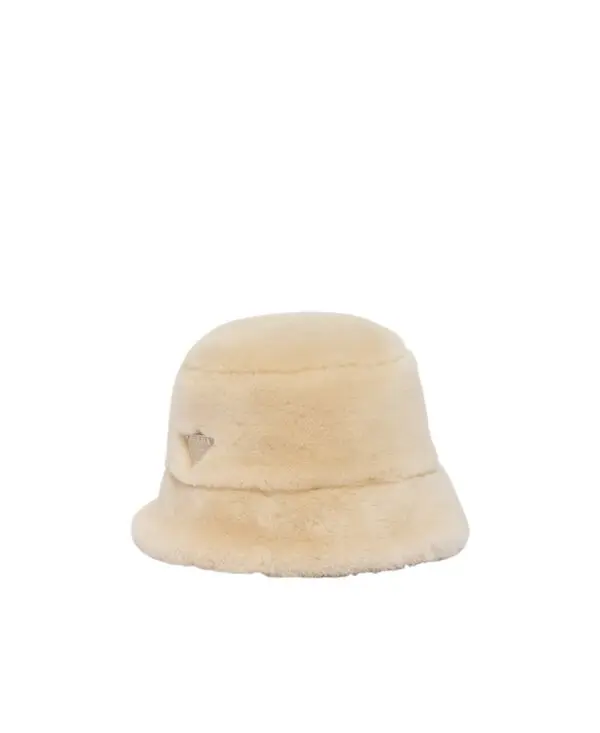 Prada Shearling Logo Plaque Bucket Hat - Nude