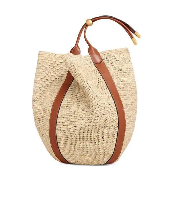 Celine Large Drop Bucket Bag In Raffia And Calfskin - Tan