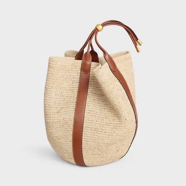 Celine Large Drop Bucket Bag In Raffia And Calfskin