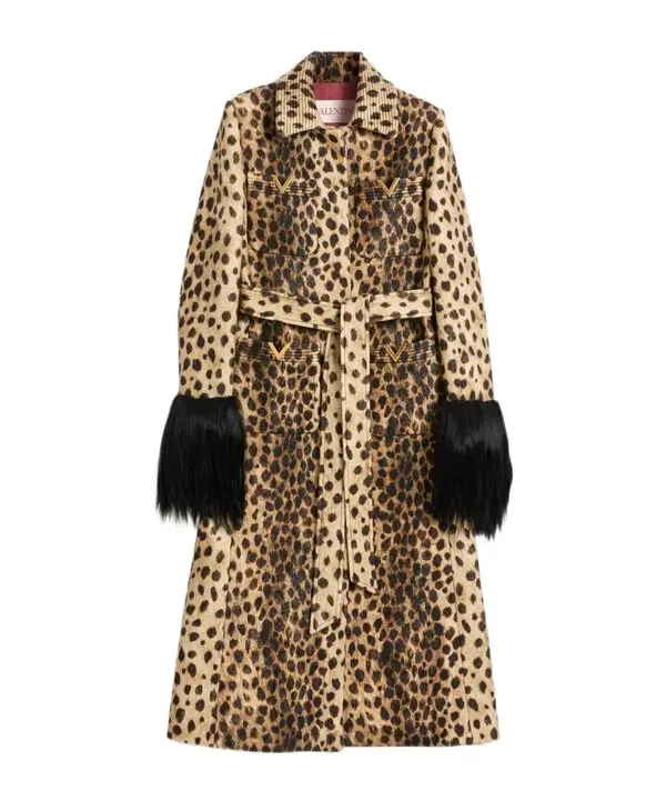 Valentino Garavani Jaguar Spots Printed Wool Cloth Coat With Fur Cuffs - Nude