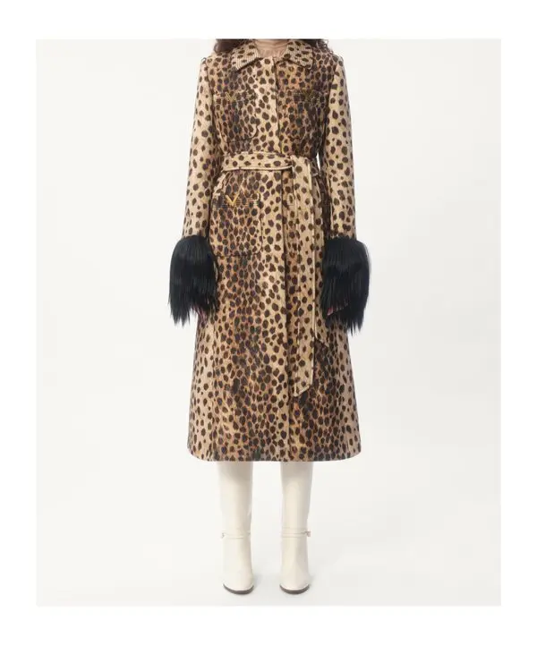 Valentino Garavani Jaguar Spots Printed Wool Cloth Coat With Fur Cuffs - Nude