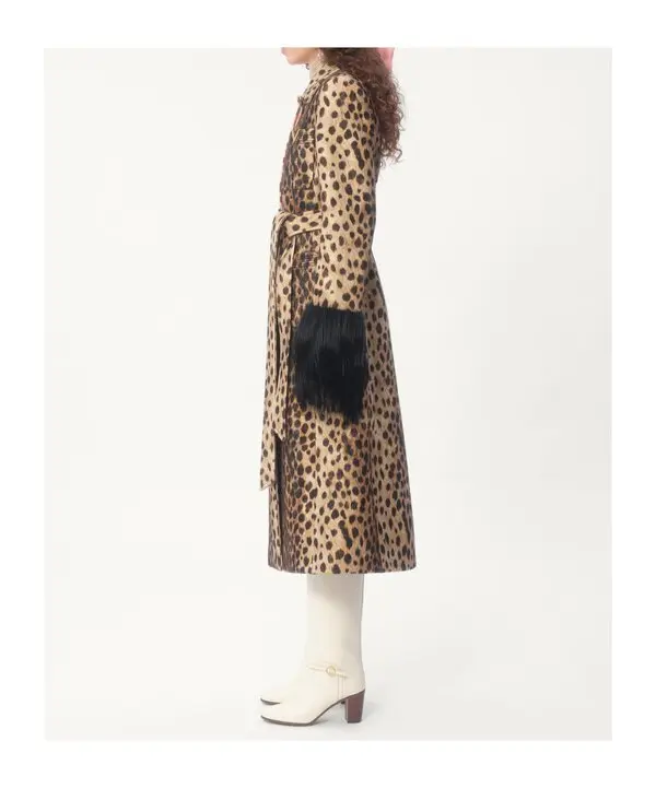 Valentino Garavani Jaguar Spots Printed Wool Cloth Coat With Fur Cuffs - Nude