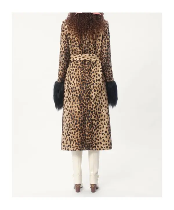 Valentino Garavani Jaguar Spots Printed Wool Cloth Coat With Fur Cuffs - Nude