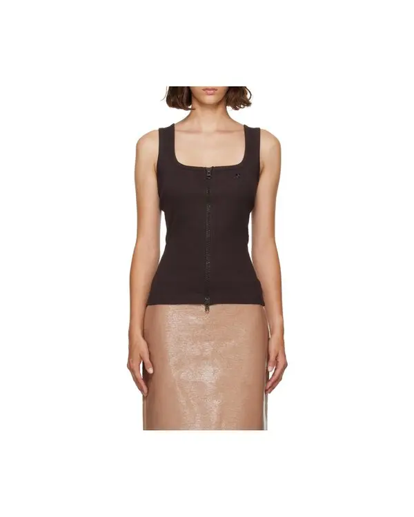 COURREGES 90's Ribbed-knit Zip-up Tank Top - Chocolate-colored