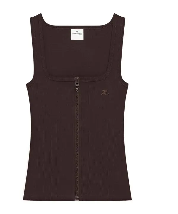 COURREGES 90's Ribbed-knit Zip-up Tank Top - Chocolate