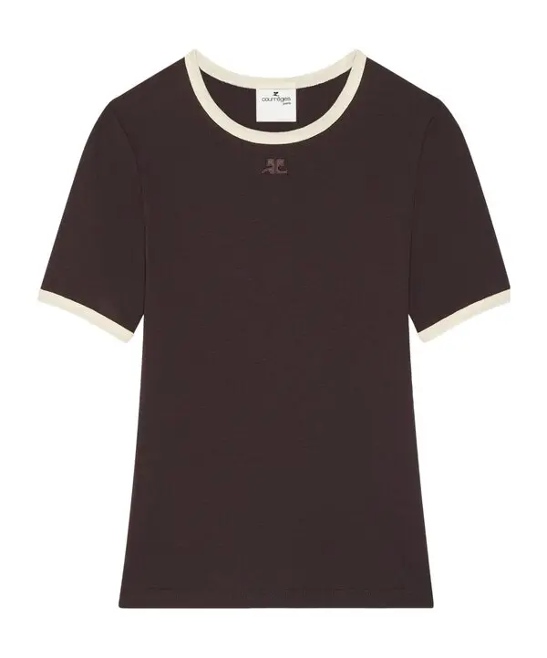 COURREGES Courrèges Contrast Trim Logo T-shirt - Chocolate/cream