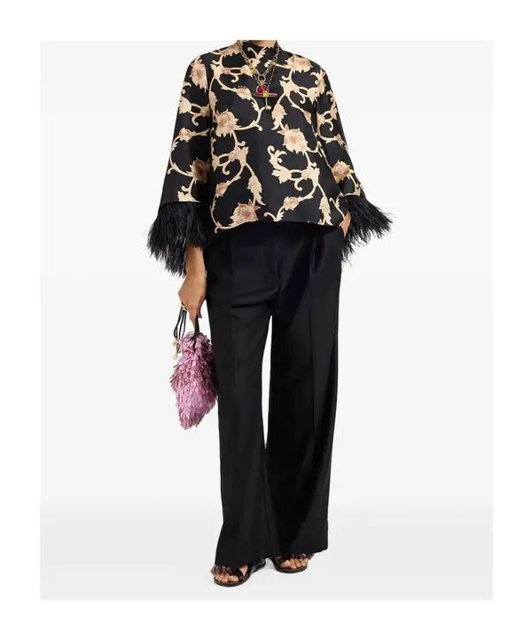 La DoubleJ Floral Print Feather Cuff Top
