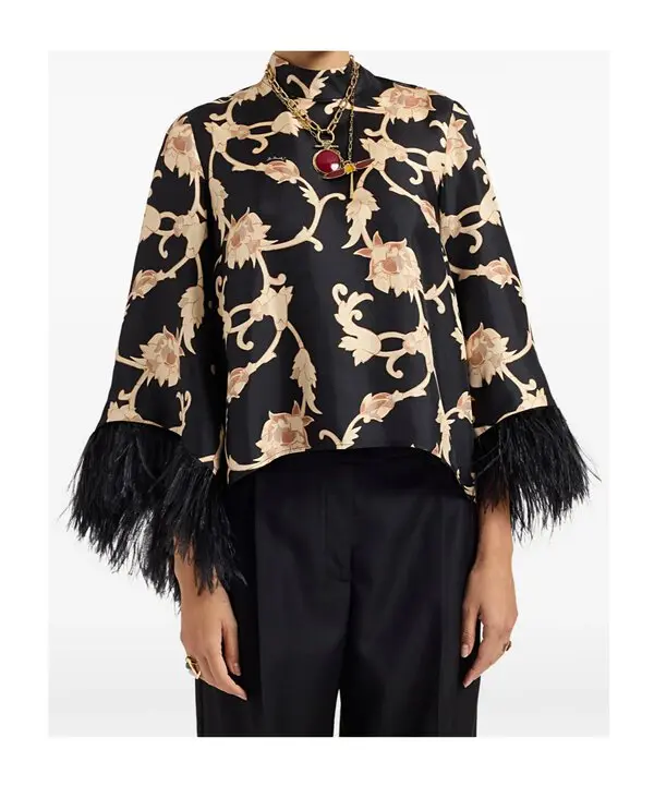 La DoubleJ Floral Print Feather Cuff Top