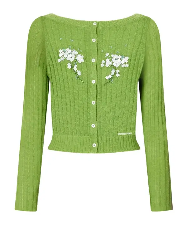 SHUSHU/TONG Long-sleeved Knitted Cardigan With Beaded Flower Embellishments