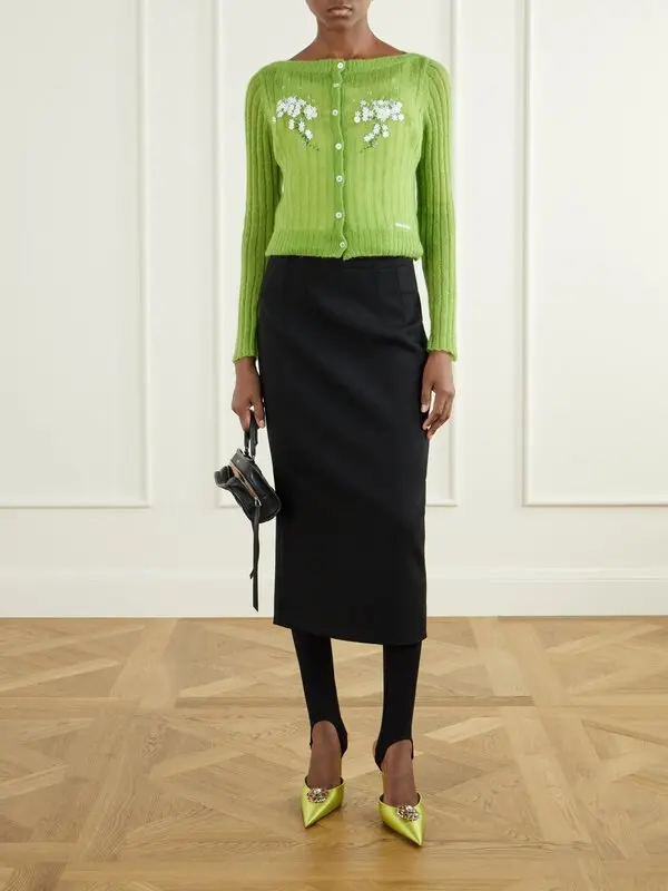 SHUSHU/TONG Long-sleeved Knitted Cardigan With Beaded Flower Embellishments