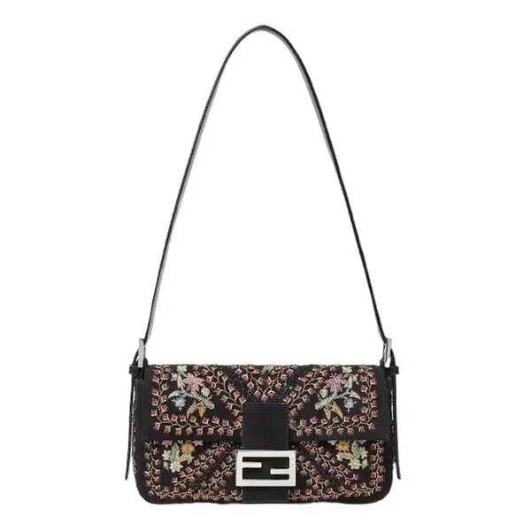 Fendi Baguette Embroidered Suede Shoulder Bag