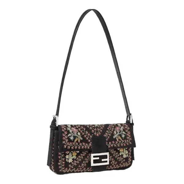Fendi Baguette Embroidered Suede Shoulder Bag