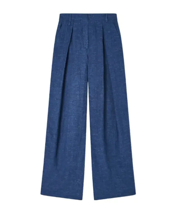 Emporio Armani Icon Linen Chambray Trousers With Godet Pleats - Blue