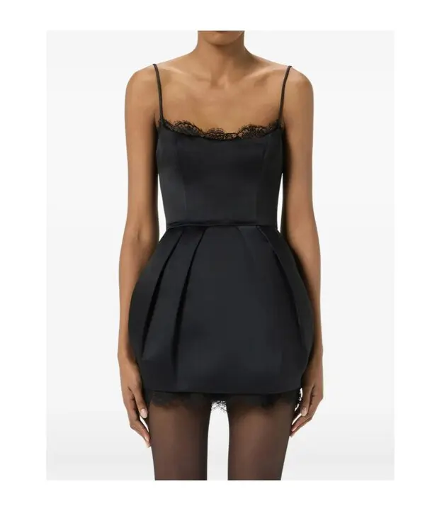Blumarine Spaghetti Strap Lace Trimmed Pleated Dress