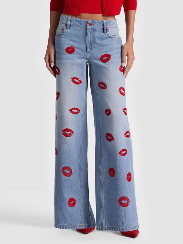 ALICEOLIVIA Lip-print Wide-leg Denim Trousers