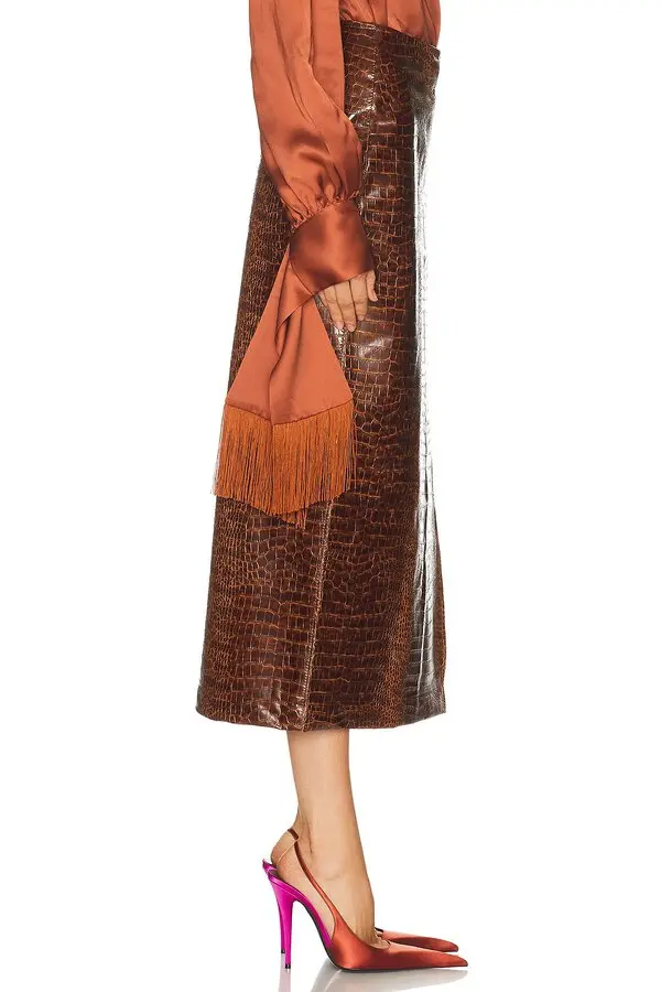 ROWEN ROSE Croc-embossed Faux Leather Maxi Wrap Skirt - Tan
