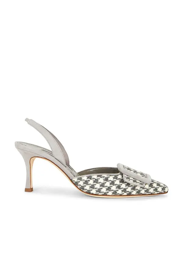 Manolo Blahnik Mayslibi 70 Wool Houndstooth Slingback Pumps - White & Light Grey