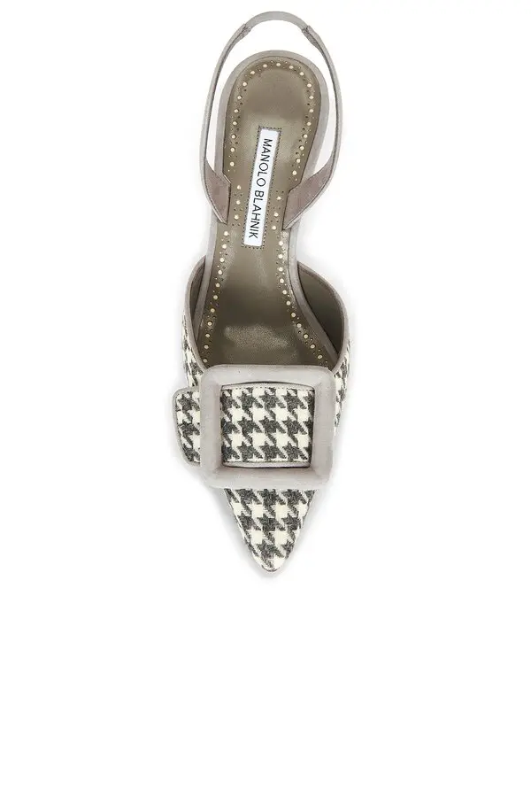 Manolo Blahnik Mayslibi 70 Wool Houndstooth Slingback Pumps - White & Light Grey