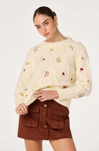 Astr The Label Rose Embroidered Diamond Knit Sweater - Ivory