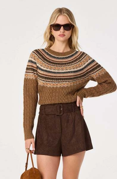 Astr The Label Daria Fair Isle Cable Knit Sweater - Camel
