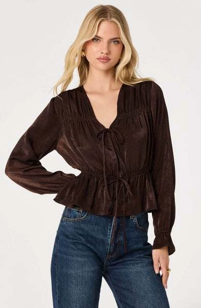 Astr The Label Tatiana Poet Sleeve Blouse - Brown