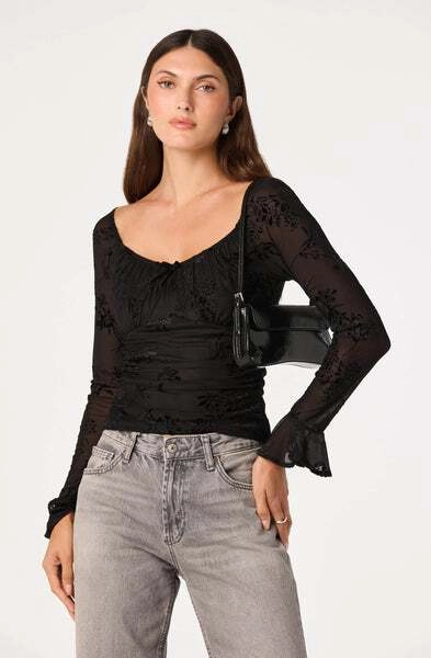 Astr The Label Belsie Velvet Bow Ruched Top - Black
