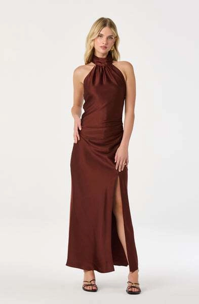 Astr The Label Jasmin Satin Halter Maxi Dress - Mulberry Brown